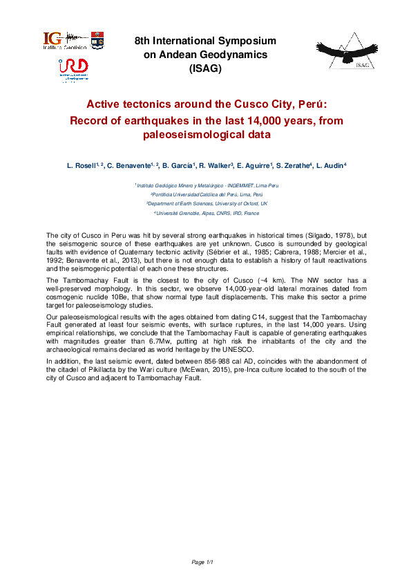 (PDF) Active tectonics around the Cusco City, Perú: Record of ...