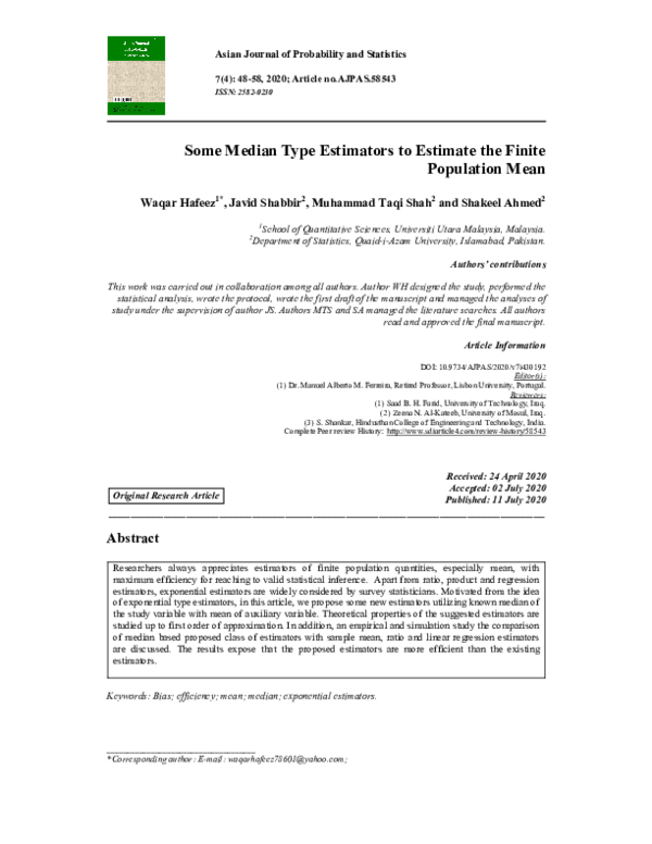 Pdf Some Median Type Estimators To Estimate The Finite Population