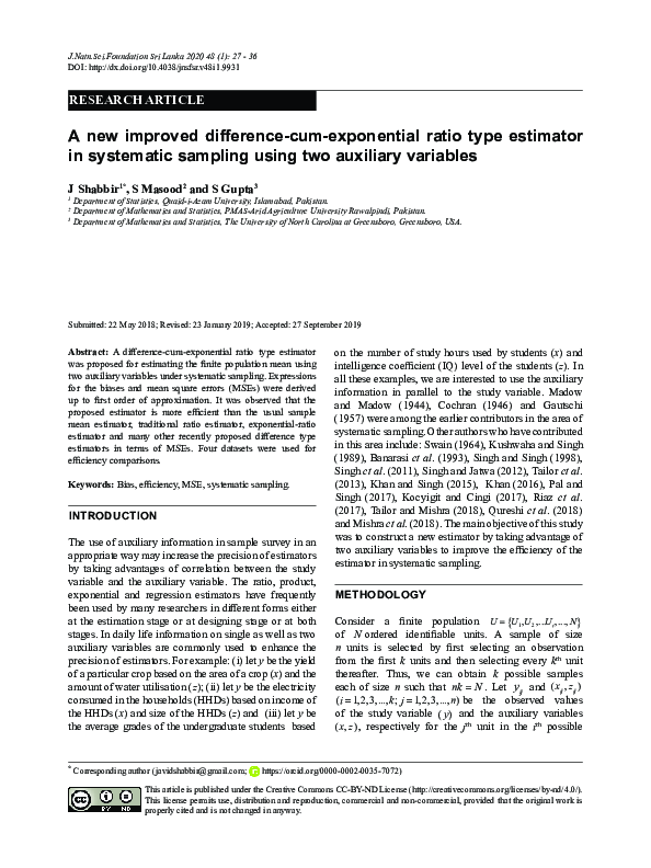 (PDF) A new improved difference-cum-exponential ratio type estimator in systematic sampling two ...