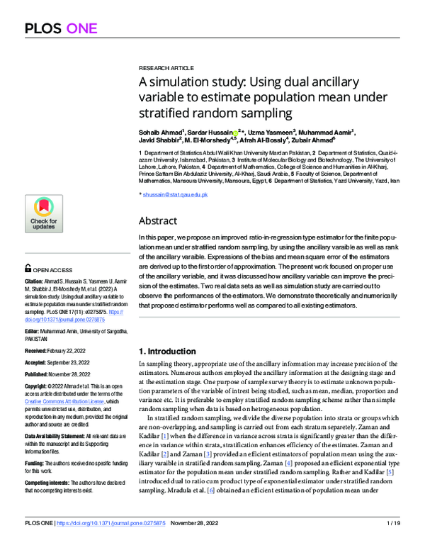 (PDF) A simulation study: Using dual ancillary variable to estimate population mean under ...