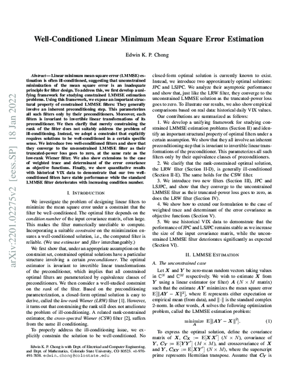 Pdf Well Conditioned Linear Minimum Mean Square Error Estimation Edwin K P Chong 5156