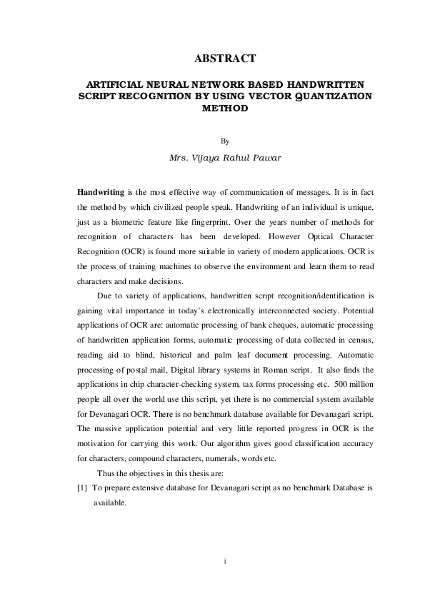 Pdf Artificial Neural Network Based Handwritten Script Recognition By Using Vector