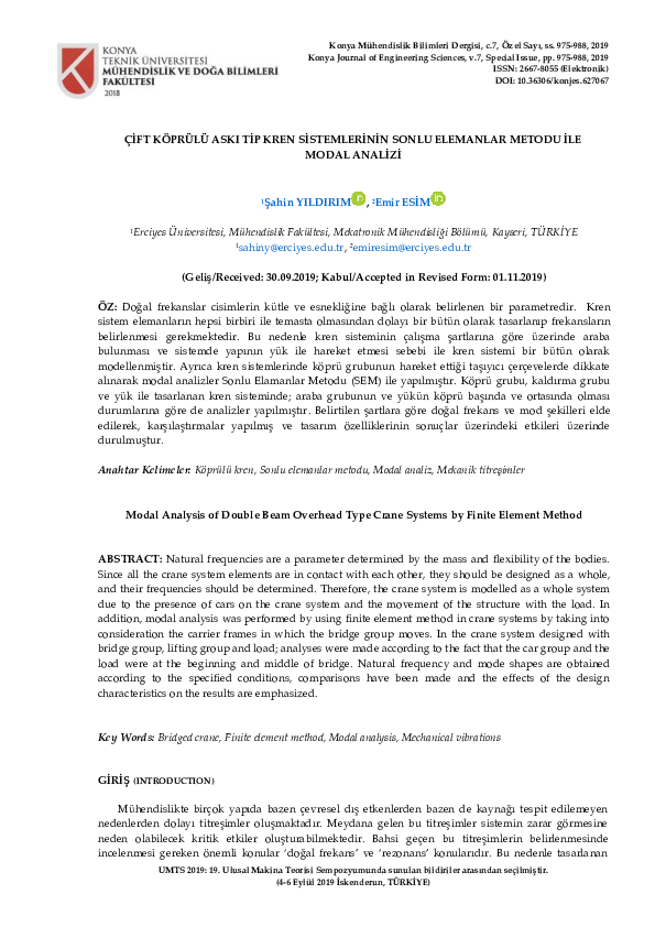 (PDF) Modal Analysis of Double Beam Overhead Type Crane Systems by Finite Element Method