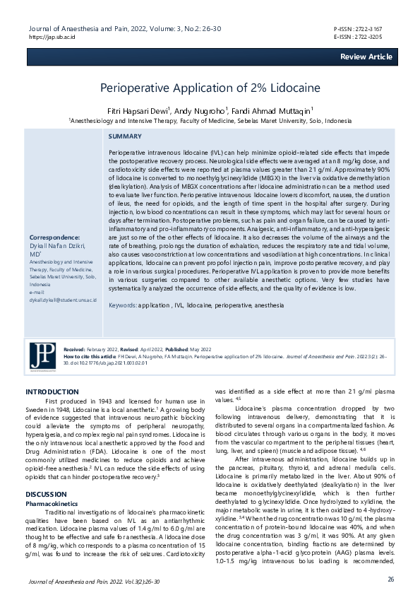 (PDF) Perioperative Application of 2% Lidocaine
