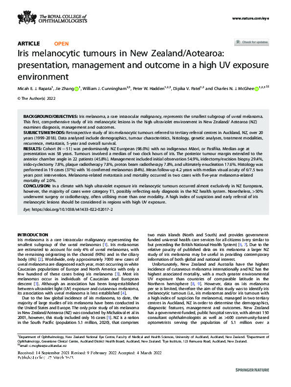 (PDF) Iris melanocytic tumours in New Zealand/Aotearoa: presentation ...