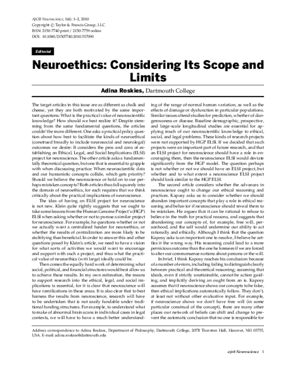(PDF) Neuroethics: Considering Its Scope and Limits