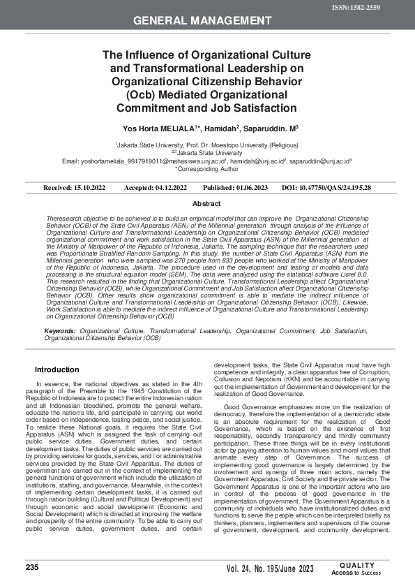 (PDF) The Influence of Organizational Culture and Transformational Leadership on Organizational ...