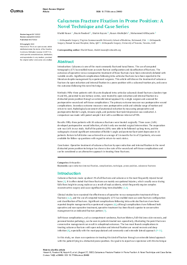 (PDF) Calcaneus Fracture Fixation in Prone Position: A Novel Technique ...