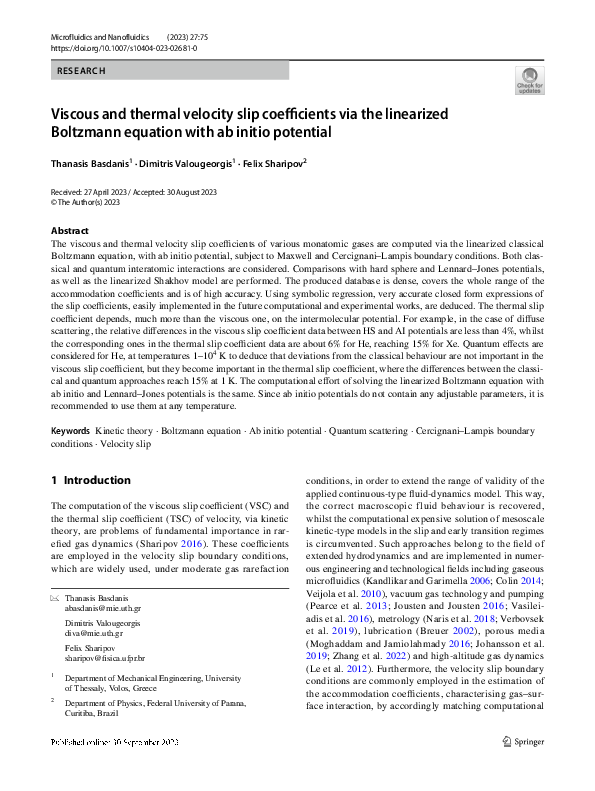 (PDF) Viscous and thermal velocity slip coefficients via the linearized ...