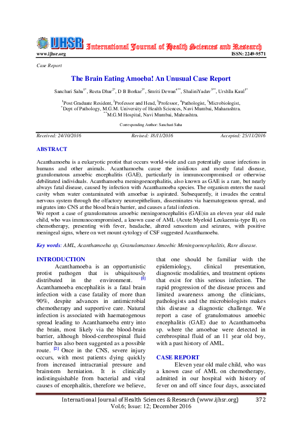 (PDF) The Brain Eating Amoeba! An Unusual Case Report