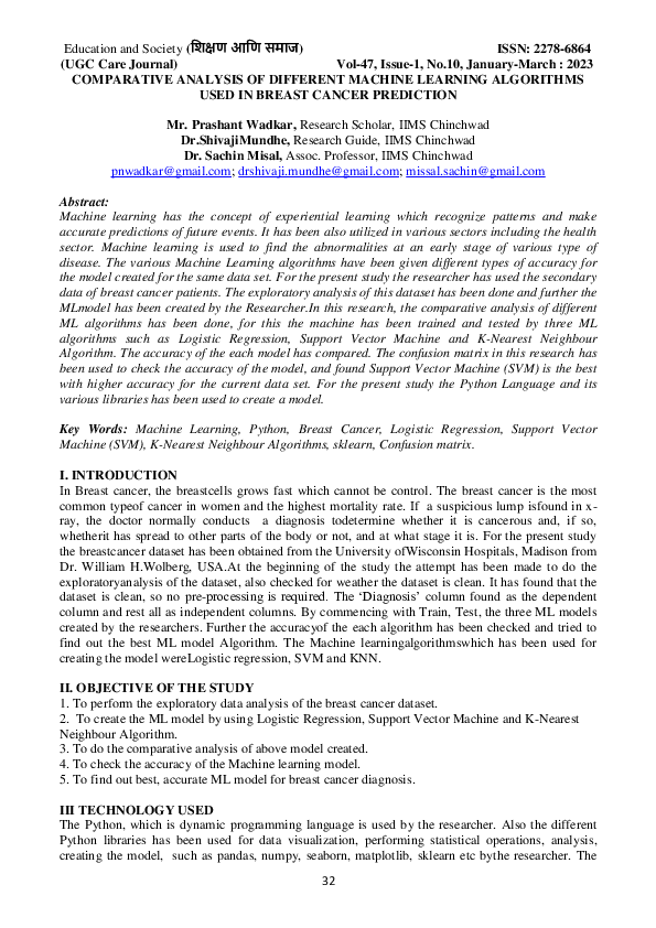 (PDF) COMPARATIVE ANALYSIS OF DIFFERENT MACHINE LEARNING ALGORITHMS USED IN BREAST CANCER PREDICTION