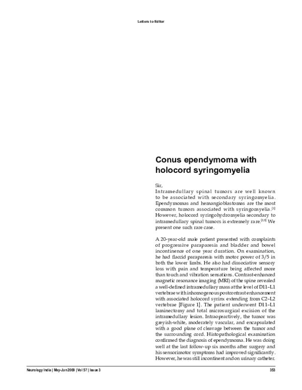 (PDF) Conus ependymoma with holocord syringomyelia | Sachin A Borkar ...