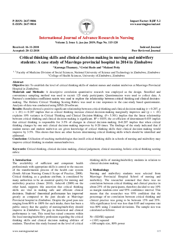 (PDF) Critical thinking skills and clinical decision making in nursing ...