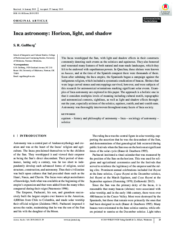 (PDF) Inca astronomy: Horizon, light, and shadow