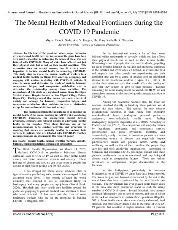 (PDF) The Mental Health of Medical Frontliners during the COVID 19 ...