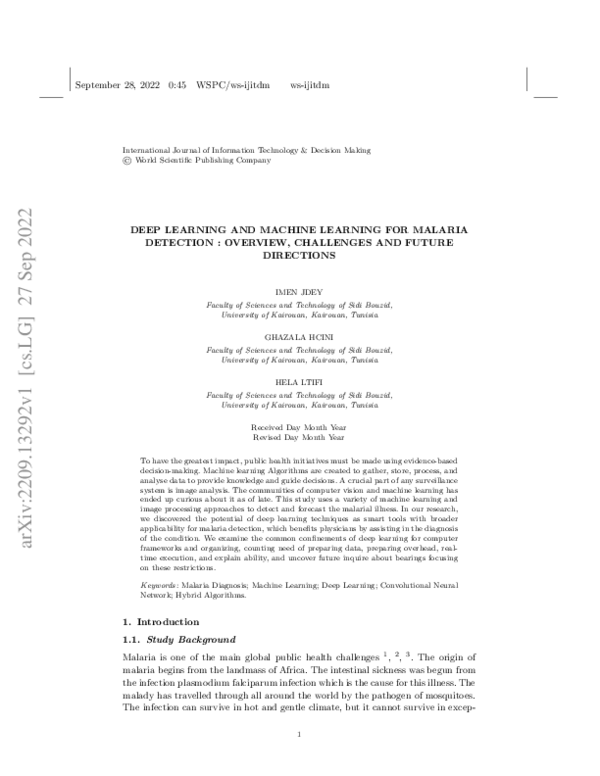 (PDF) Deep Learning and Machine Learning for Malaria Detection: Overview, Challenges and Future ...