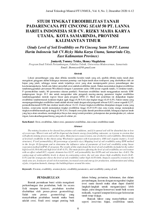 (PDF) Studi Tingkat Erodibilitas Tanah Padarencana Pit Cincong Seam 50 ...