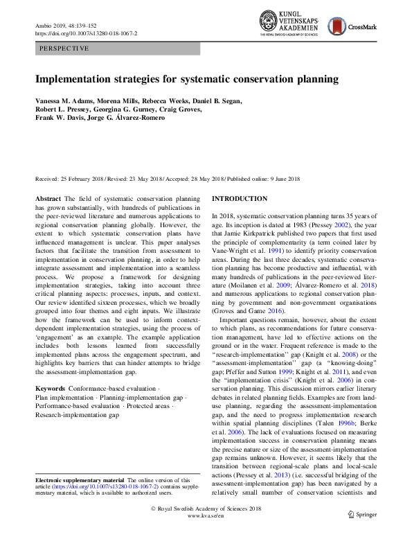 (PDF) Implementation strategies for systematic conservation planning