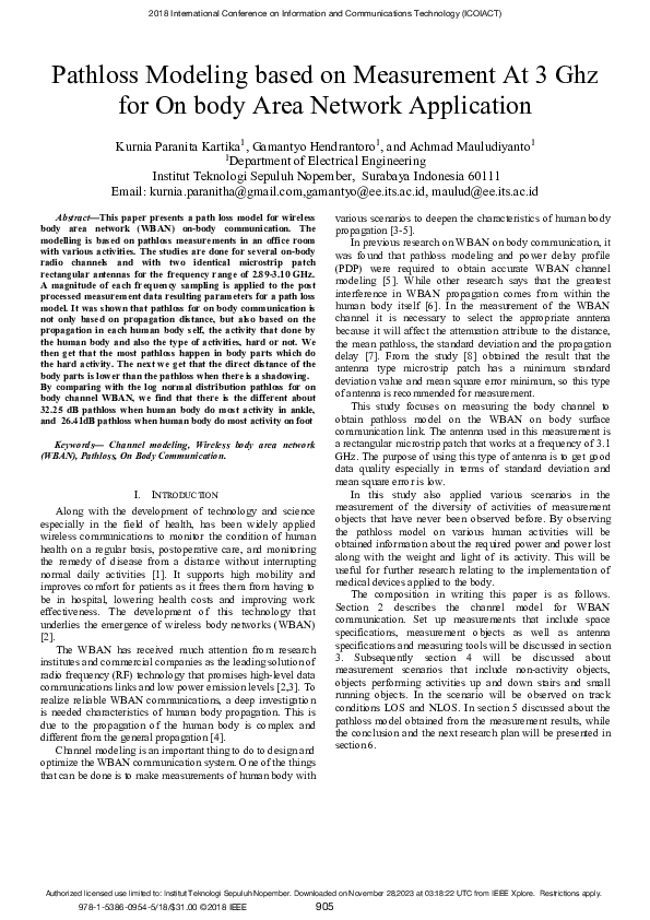 Pdf Pathloss Modeling Based On Measurement At 3 Ghz For On Body Area Network Application