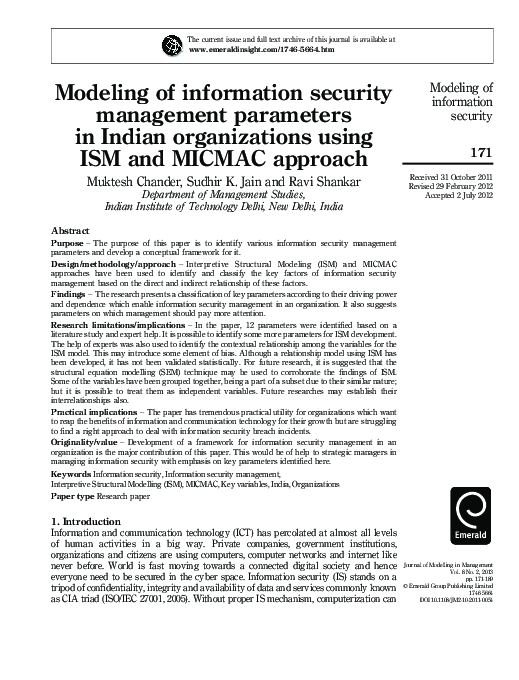 (PDF) Modeling of information security management parameters in Indian organizations using ISM ...
