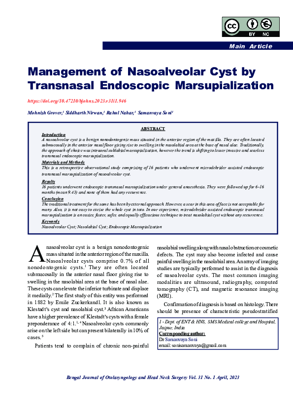 (PDF) Management of Nasoalveolar Cyst by Transnasal Endoscopic ...