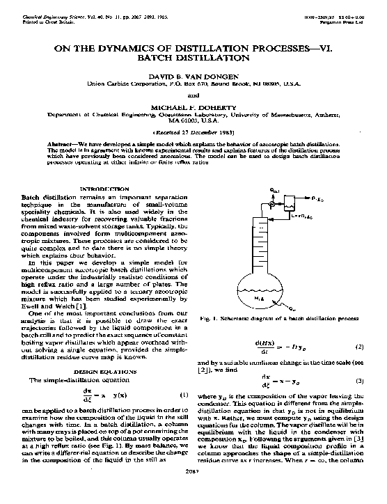(PDF) On the dynamics of distillation processes—VI. batch distillation