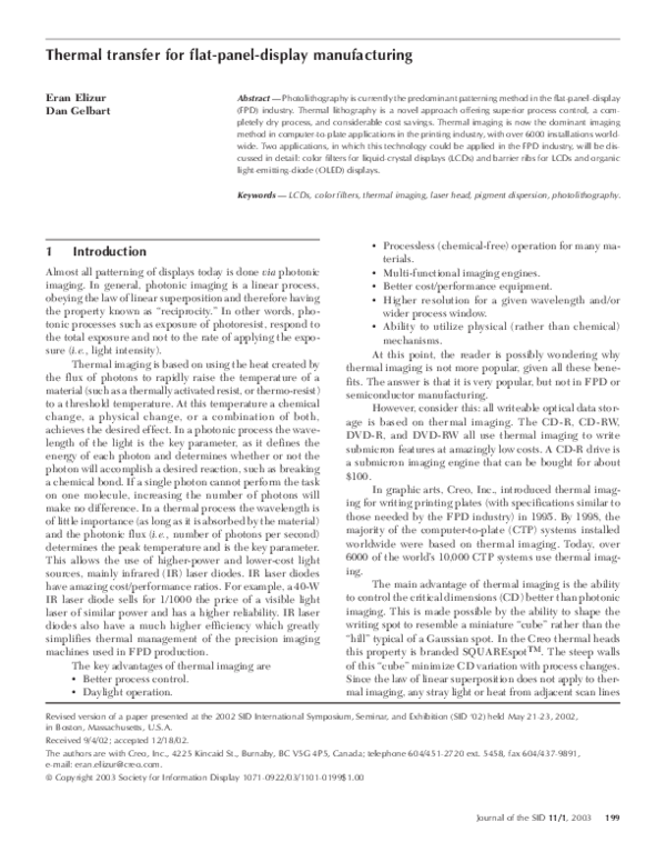 (PDF) Thermal transfer for flat-panel-display manufacturing