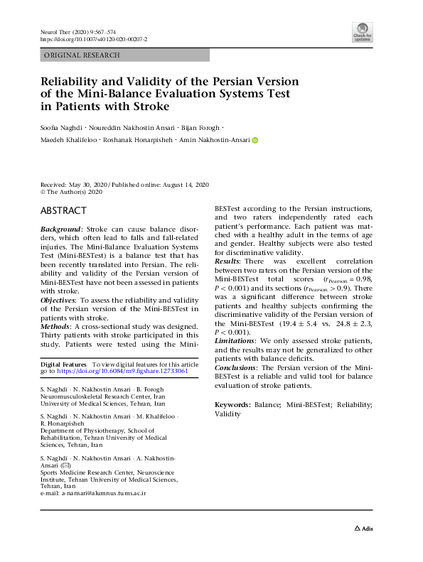 (PDF) Reliability and Validity of the Persian Version of the Mini-Balance Evaluation Systems ...