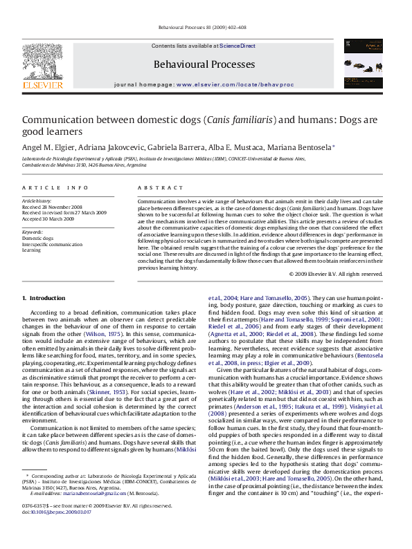 (PDF) Communication between domestic dogs (Canis familiaris) and humans ...