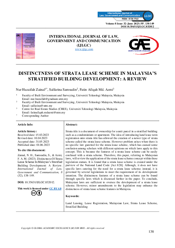 (PDF) Distinctness of Strata Lease Scheme in Malaysia’s Stratified ...