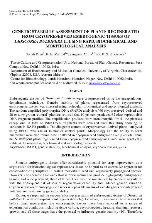 (PDF) GENETIC STABILITY ASSESSMENT OF PLANTS REGENERATED FROM ...