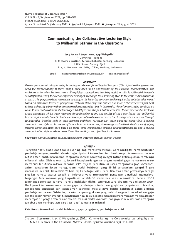 (PDF) Communicating the Collaborative Lecturing Style to Millennial ...