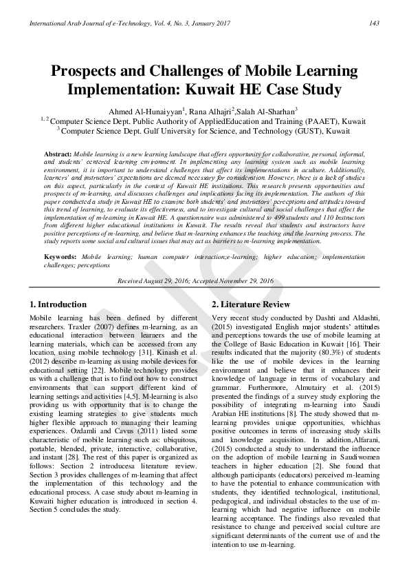 (PDF) Prospects and Challenges of Mobile Learning Implementation: Kuwait HE Case Study