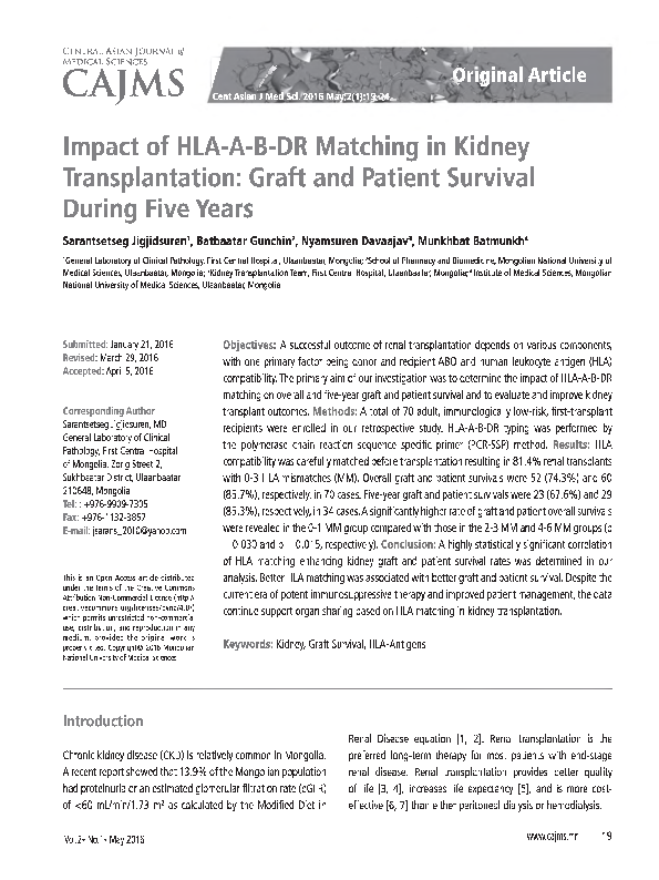 (PDF) Impact of HLA-A-B-DR Matching in Kidney Transplantation: Graft ...