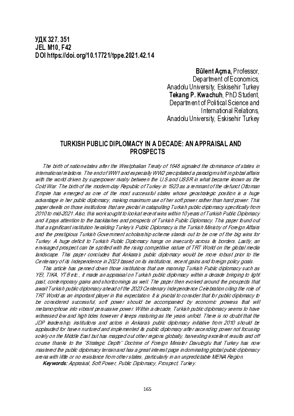 (PDF) Turkish Public Diplomacy in a Decade: An Appraisal and Prospects