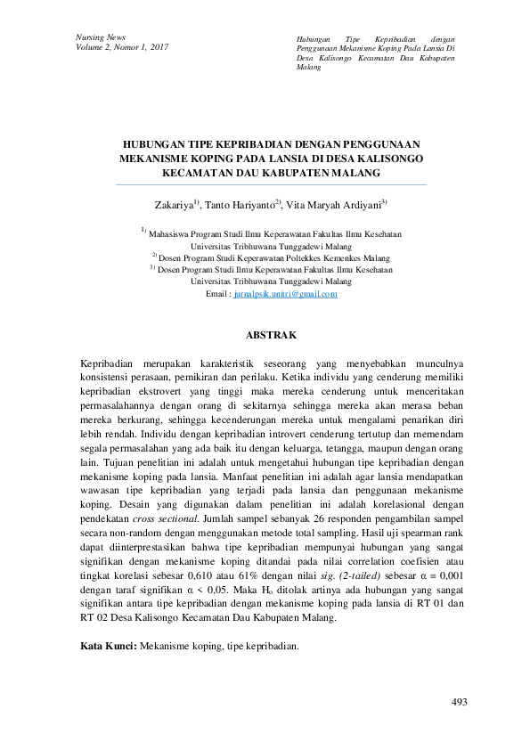 (PDF) Hubungan Tipe Kepribadian Dengan Penggunaan Mekanisme Koping Pada Lansia DI Desa Kalisongo ...