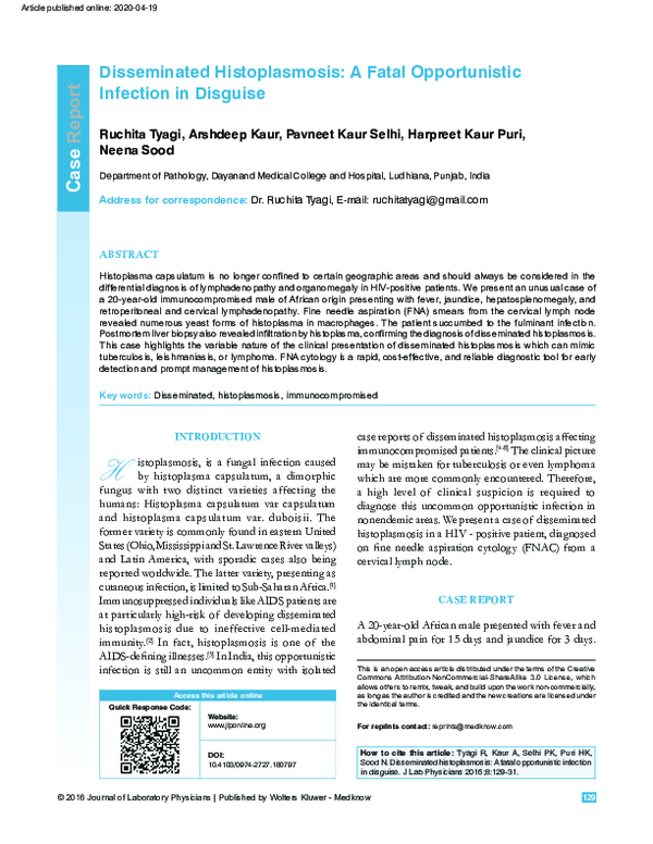 (PDF) Disseminated Histoplasmosis: A Fatal Opportunistic Infection in ...