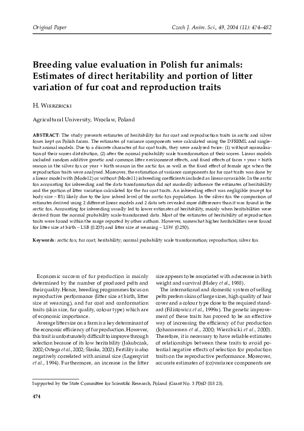 (PDF) Breeding value evaluation in Polish fur animals: Estimates of ...