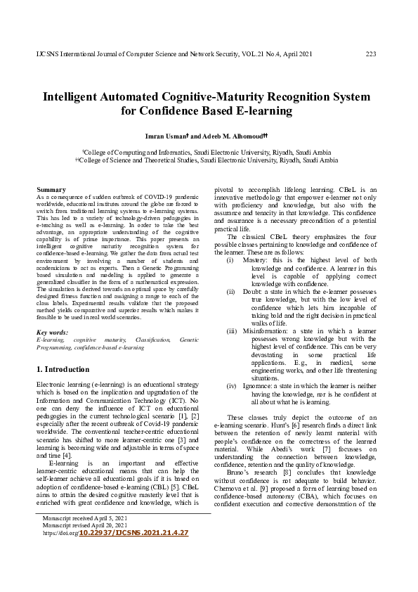 (PDF) Intelligent Automated Cognitive-Maturity Recognition System for Confidence Based E ...