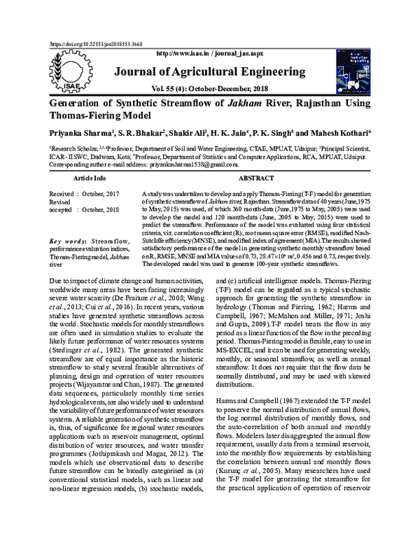 (PDF) Generation of Synthetic Streamflow of Jakham River, Rajasthan ...