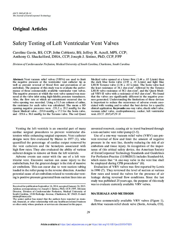 (PDF) Safety Testing of Left Ventricular Vent Valves