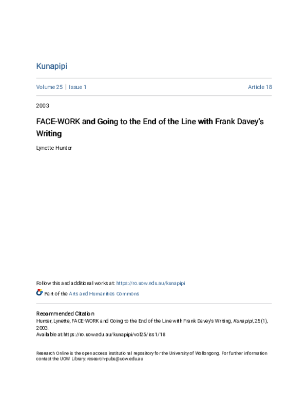 (PDF) FACE-WORK and Going to the End of the Line with Frank Davey’s Writing