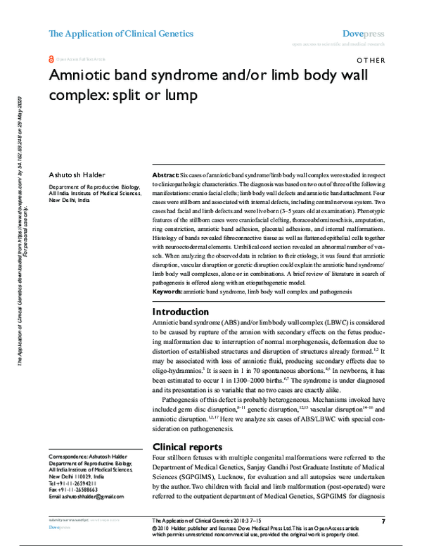 (PDF) Amniotic band syndrome and/or limb body wall complex: split or ...