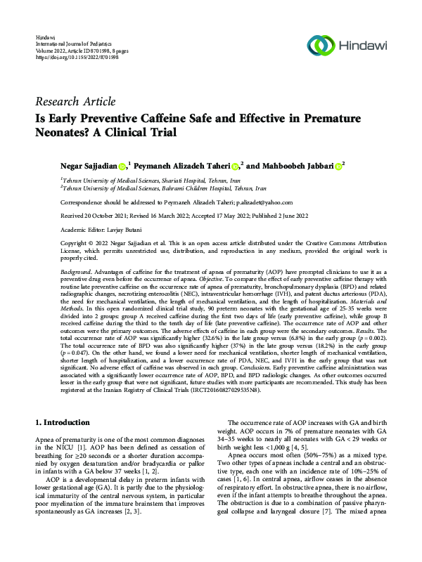 (PDF) Is Early Preventive Caffeine Safe and Effective in Premature ...