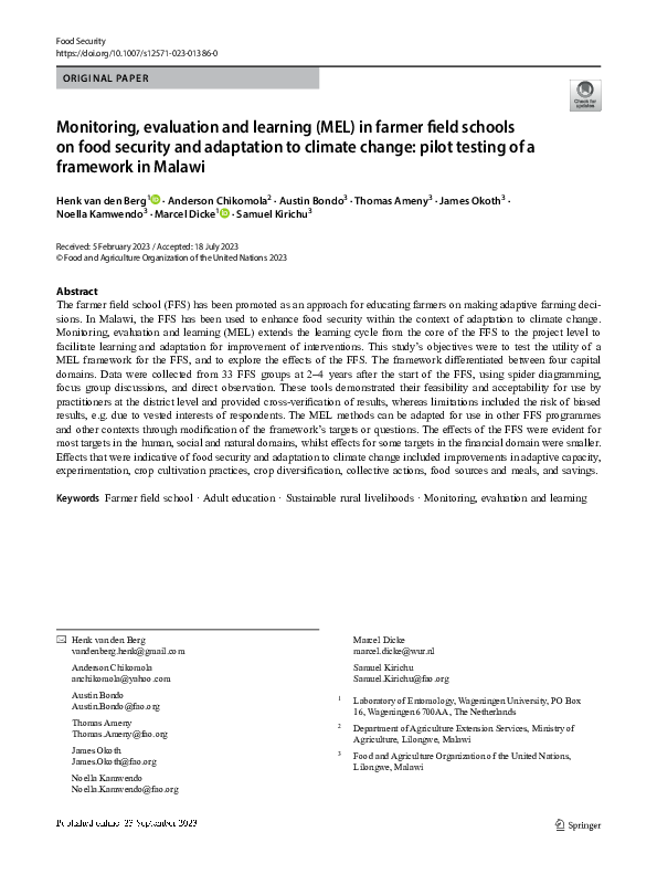 (PDF) Monitoring, evaluation and learning (MEL) in farmer field schools ...