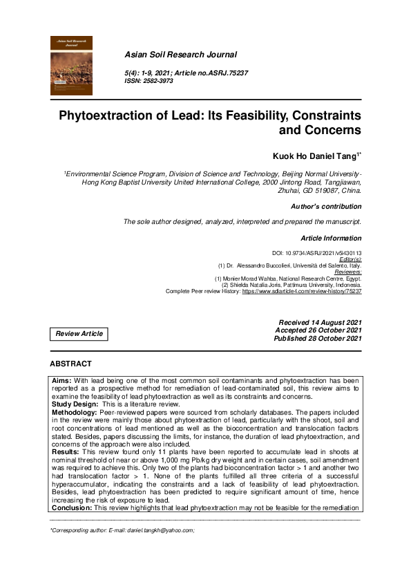 (PDF) Phytoextraction of Lead: Its Feasibility, Constraints and Concerns