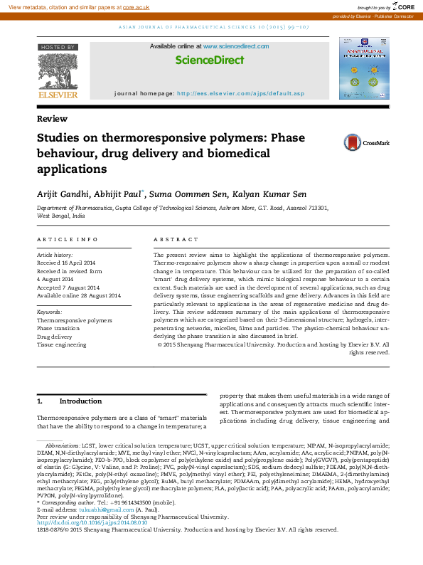 (PDF) Studies on thermoresponsive polymers: Phase behaviour, drug delivery and biomedical ...