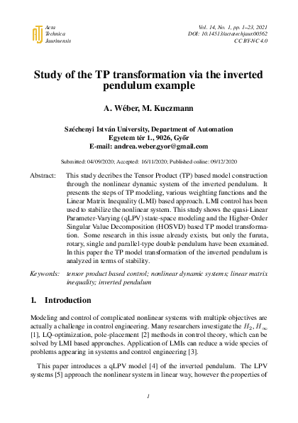 (PDF) Study of the TP transformation via the inverted pendulum example | Andrea Wéber - Academia.edu