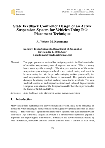 Pdf State Feedback Controller Design Of An Active Suspension System For Vehicles Using Pole 3701