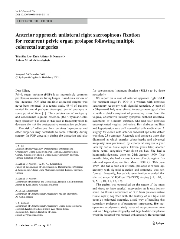 Pdf Anterior Approach Unilateral Right Sacrospinous Fixation For